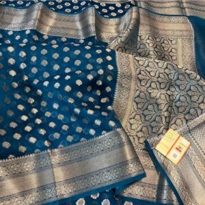 Exclusive Regal Blue Handcrafted Banarasi Organza Saree with Zari Buti ...