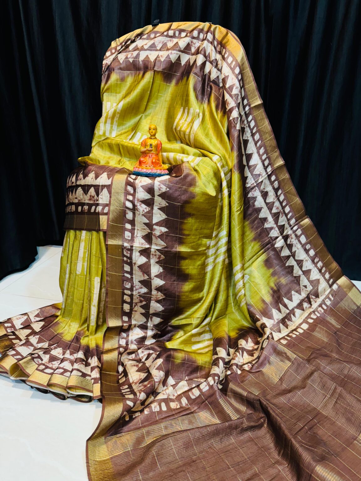 Handcrafted Chartreuse & Earth-Brown Modal Silk Saree with Tribal ...