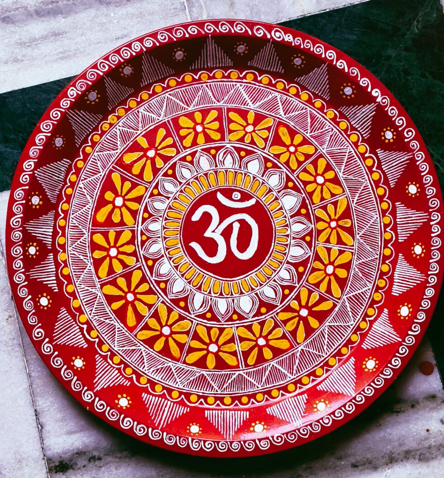Handcrafted Aipan Art Pooja Thali with Om Design – 13 Inch Steel Plate ...
