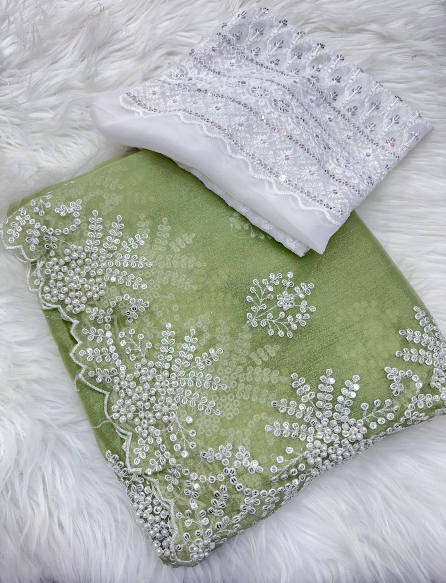 Graceful Sage Green Silk Saree with Hand Embroidery & Pearl Handwork ...