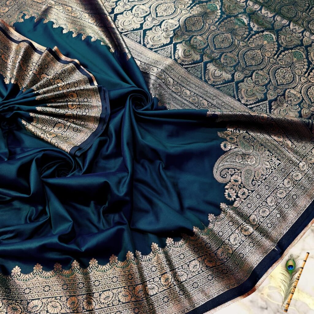Royal Teal Blue Dual-Tone Satin Handcrafted Saree with Heritage Zari ...