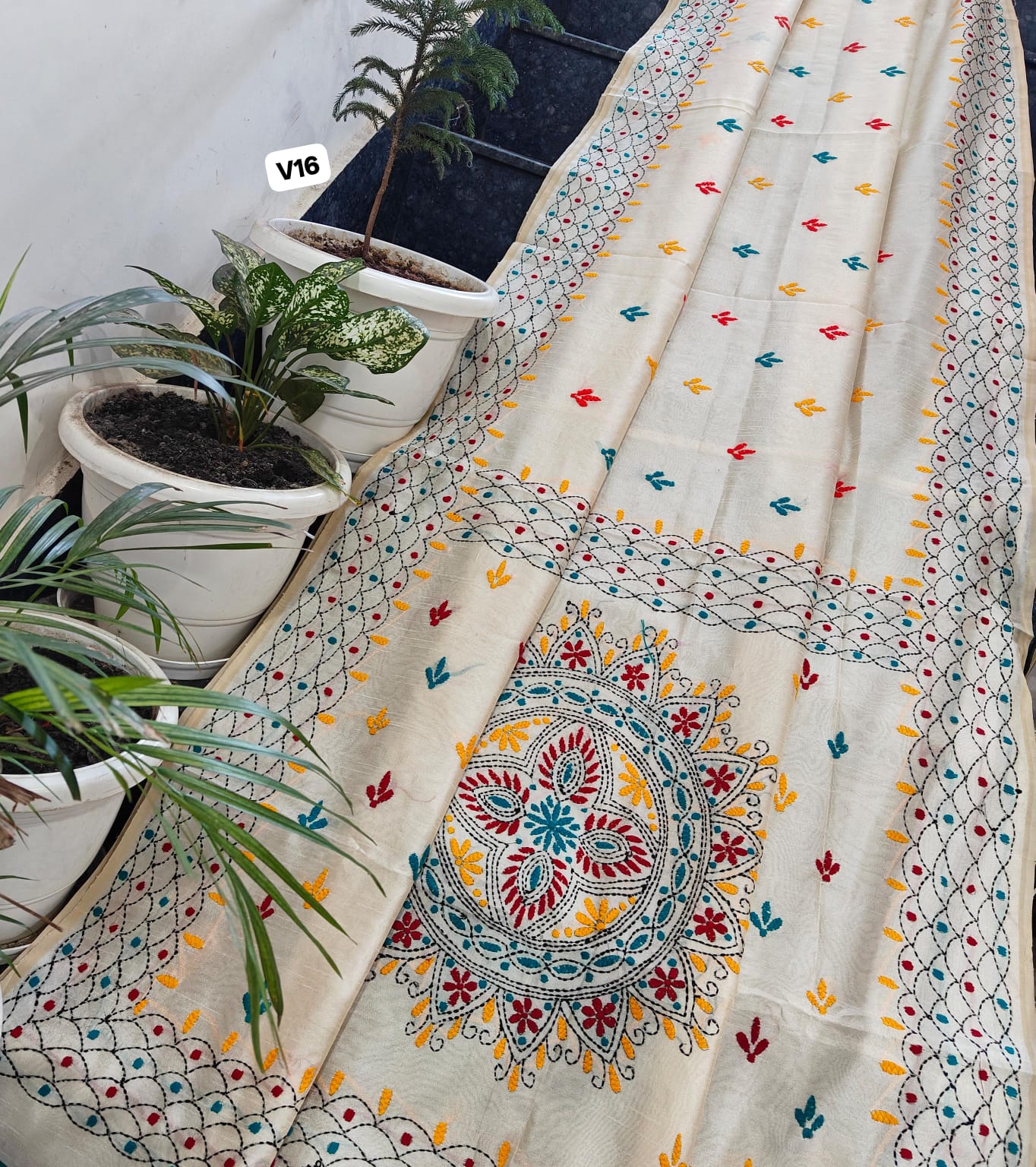 Ivory Chanderi Hand Phulkari Saree with Multicolor Buti & Heritage ...